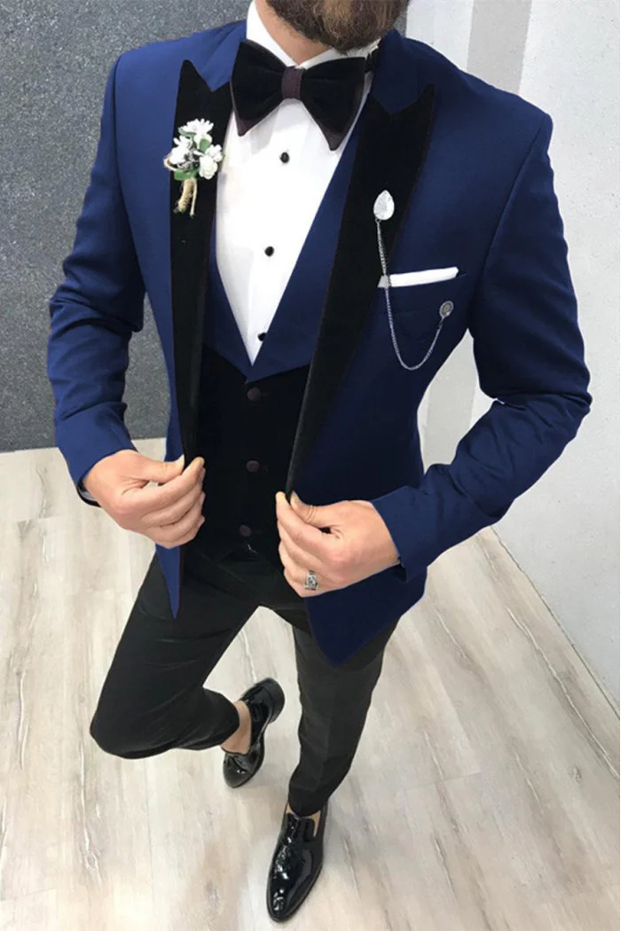 3 Piece Black-and-blue Peak Lapel Wedding Suits Tuxedos with Waistcoat 3 Piece Black-and-blue Peak Lapel Wedding Suits Tuxedos with Waistcoat